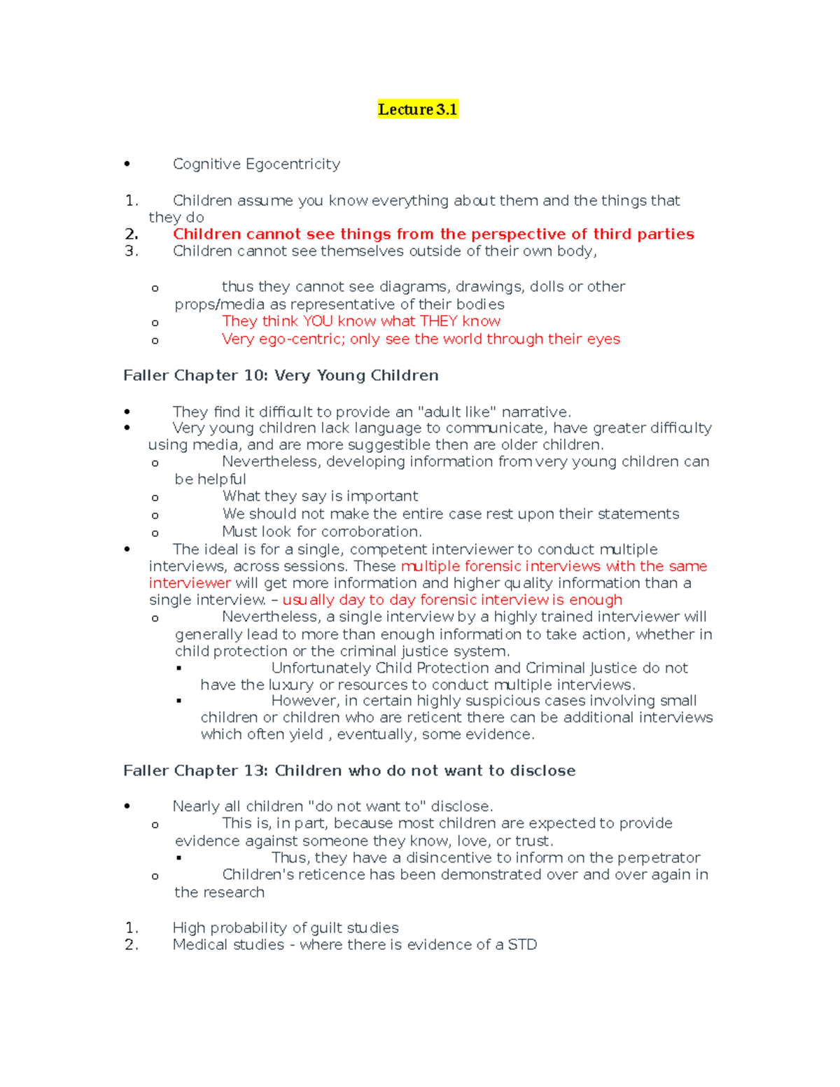 Lecture 3.1 - Forensic Interviewing Of Children. - Lecture 3 Cognitive ...