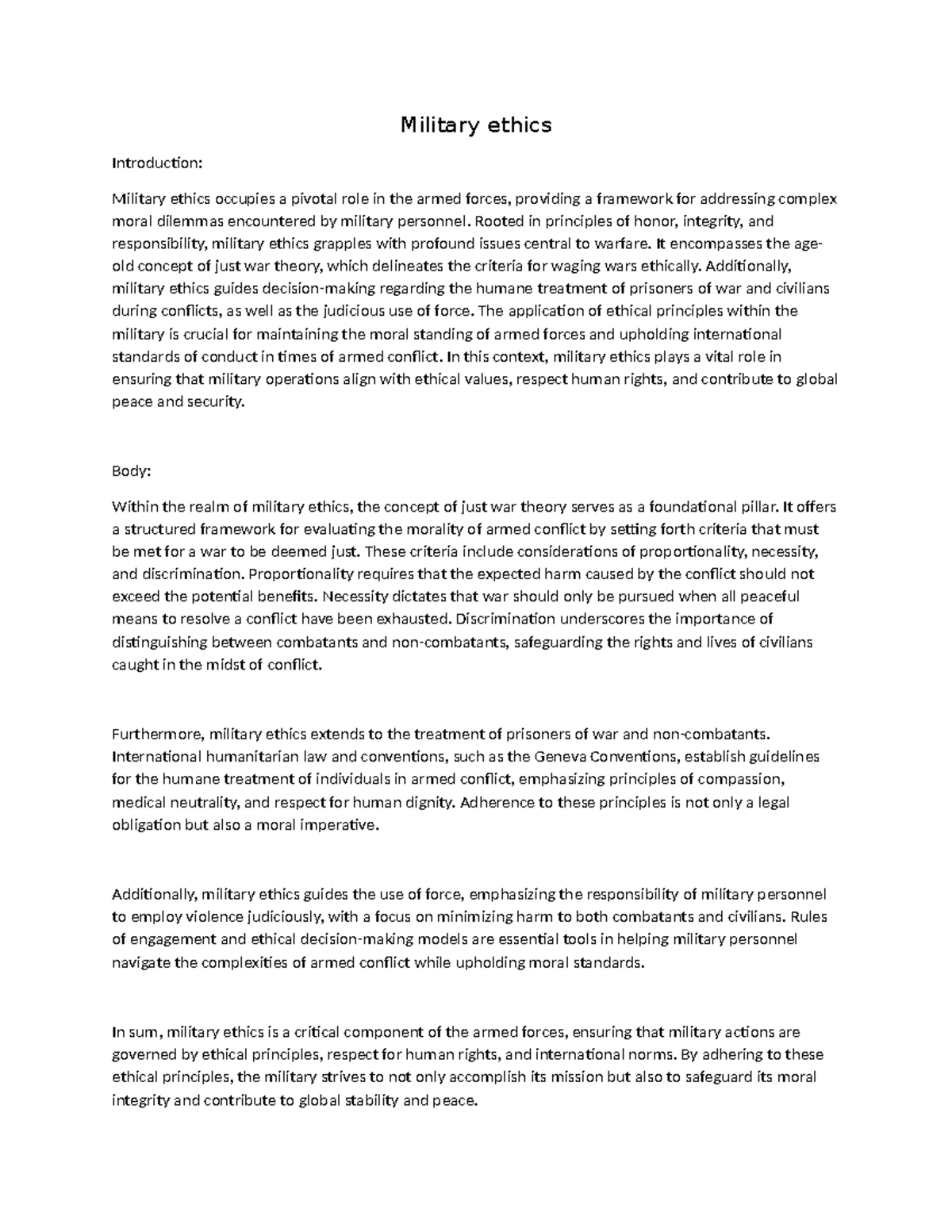 Military ethics - REVIEWER - Military ethics Introduction: Military ...