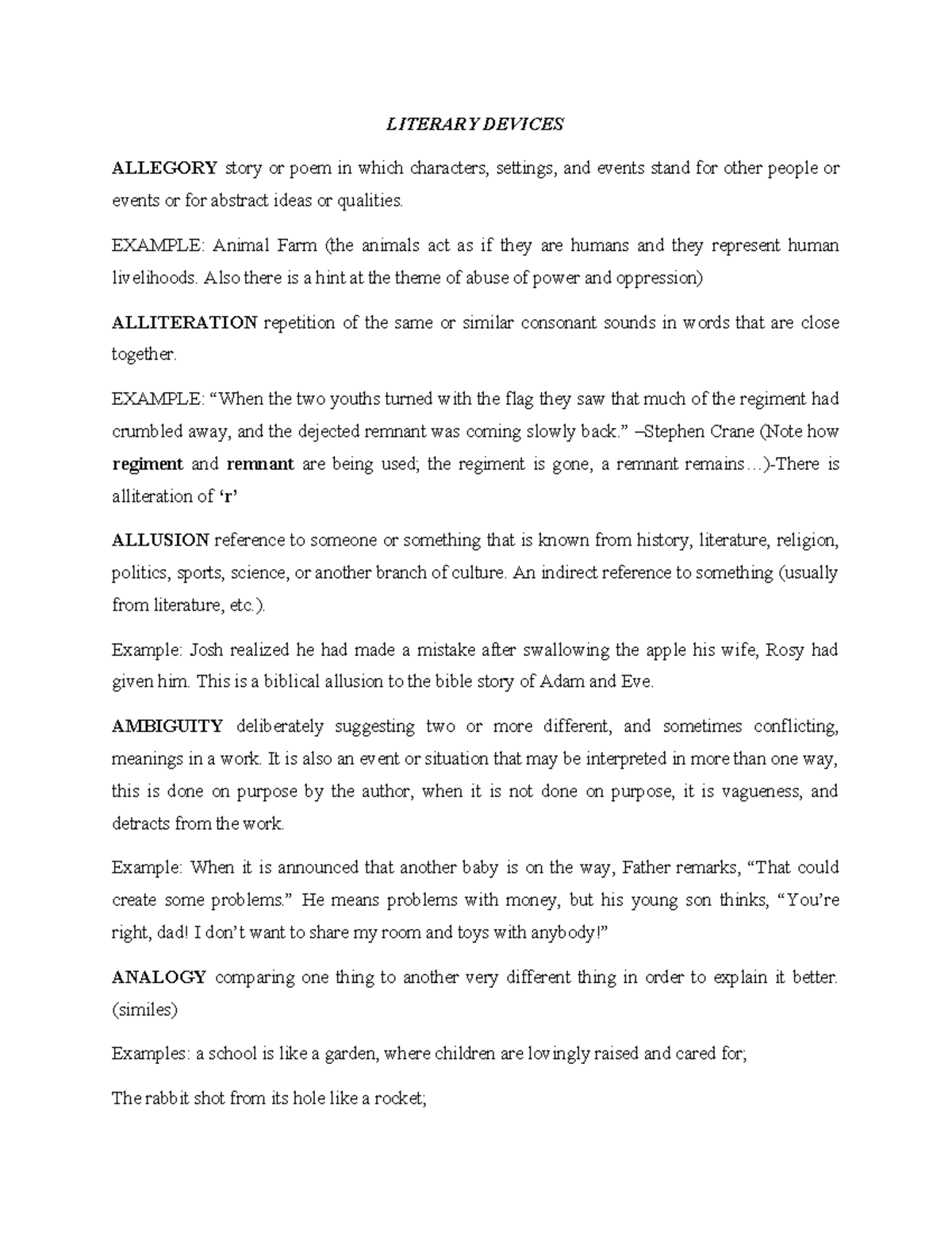 Devices - LITERARY DEVICES ALLEGORY story or poem in which characters ...