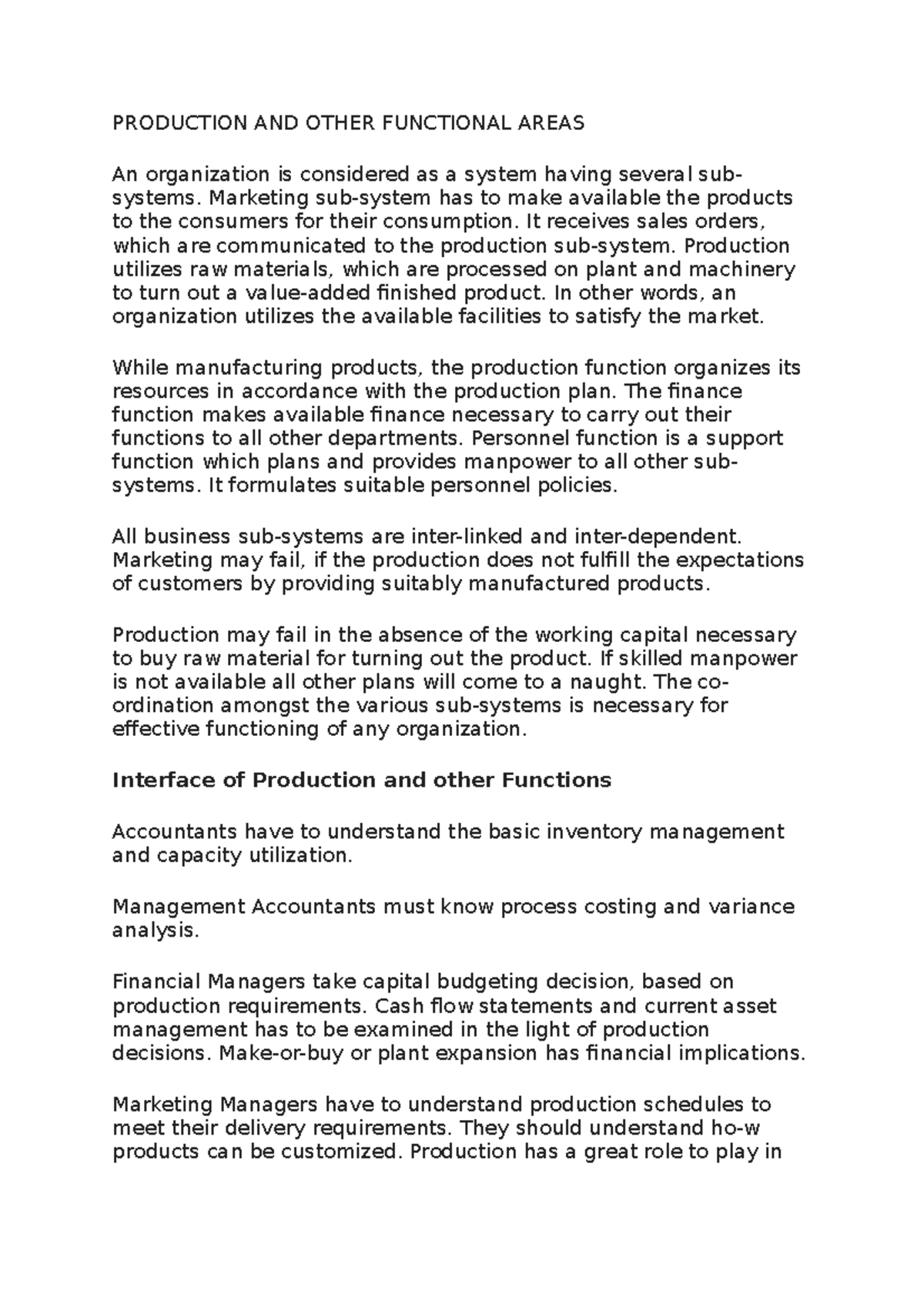 Production AND Relationship WITH Other Functional Areas - PRODUCTION ...