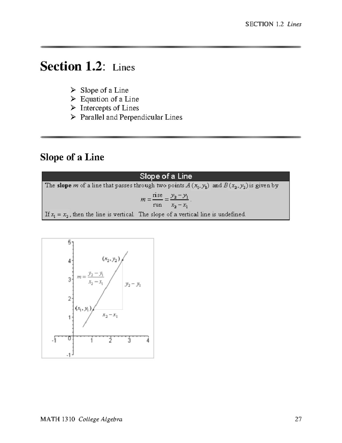 Lines, section 1.2 - SECTION 1 Lines MATH 1310 College Algebra 27 ...