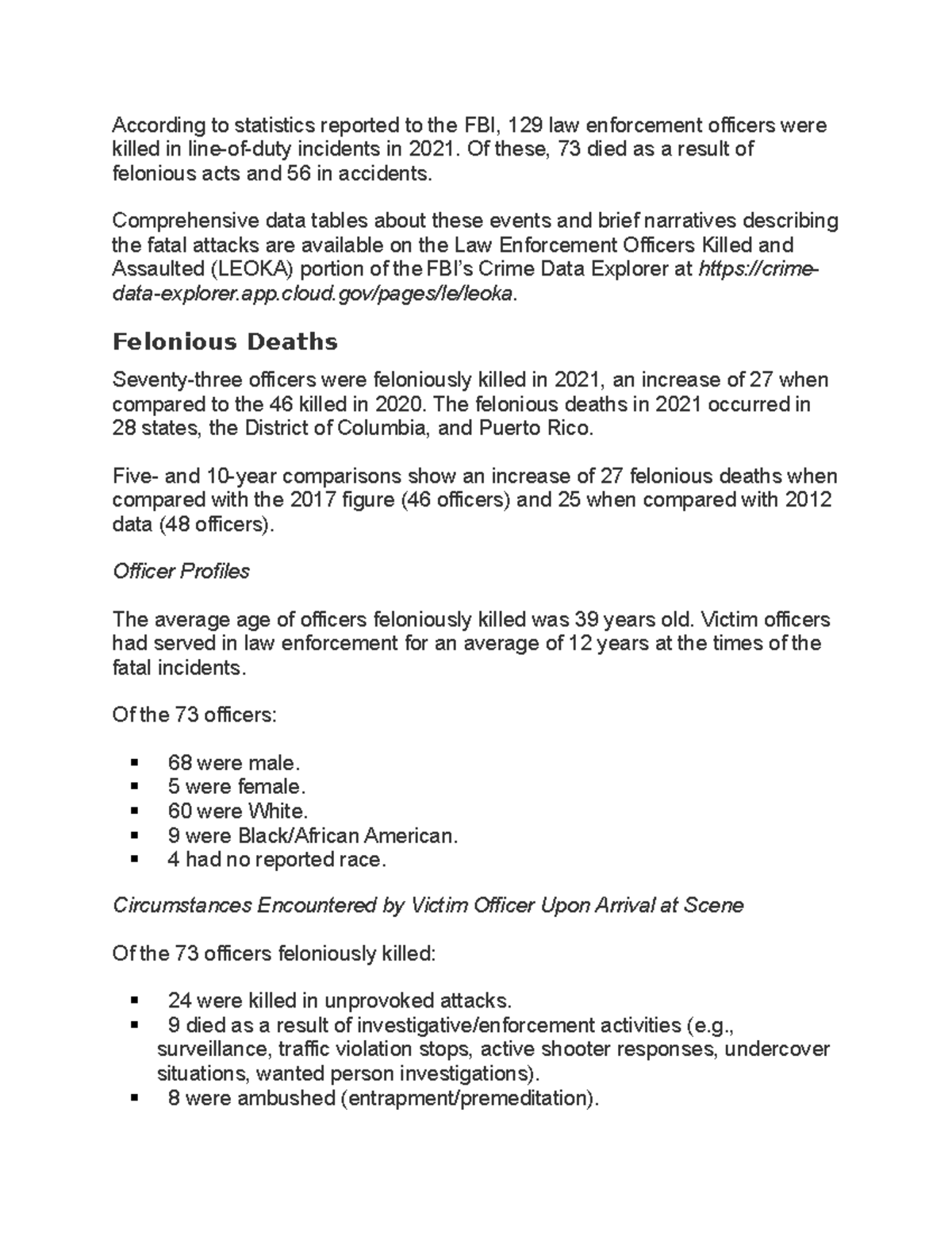 Document 3 - read - According to statistics reported to the FBI, 129 ...