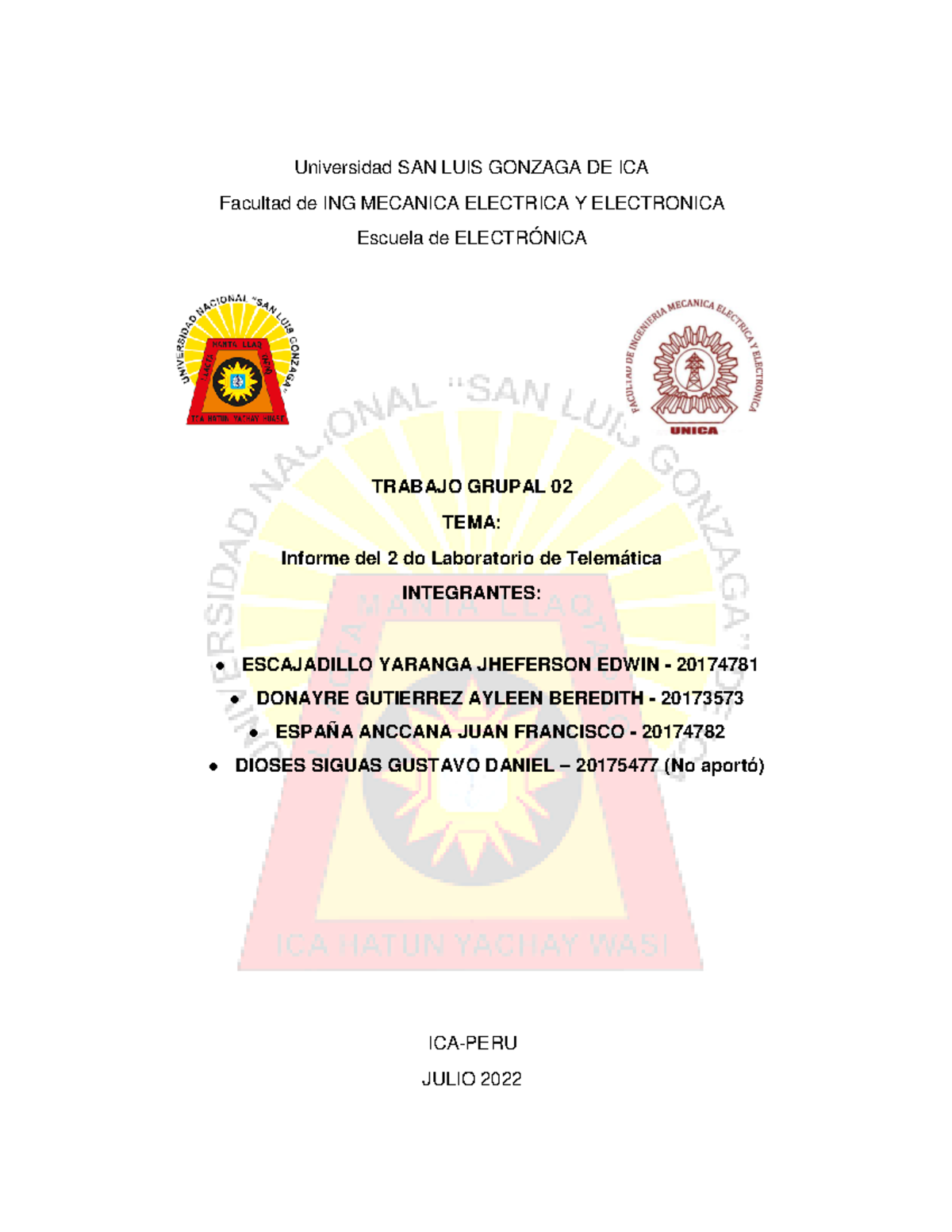 02 laboratorio de telematica- grupo 2 - Universidad SAN LUIS GONZAGA DE ICA Facultad de ING ...