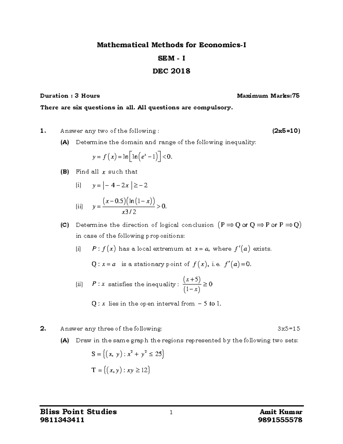 MME SEM I Question Paper 2018 - Bliss Point Studies 1 Amit Kumar Mathematical Methods for - Studocu