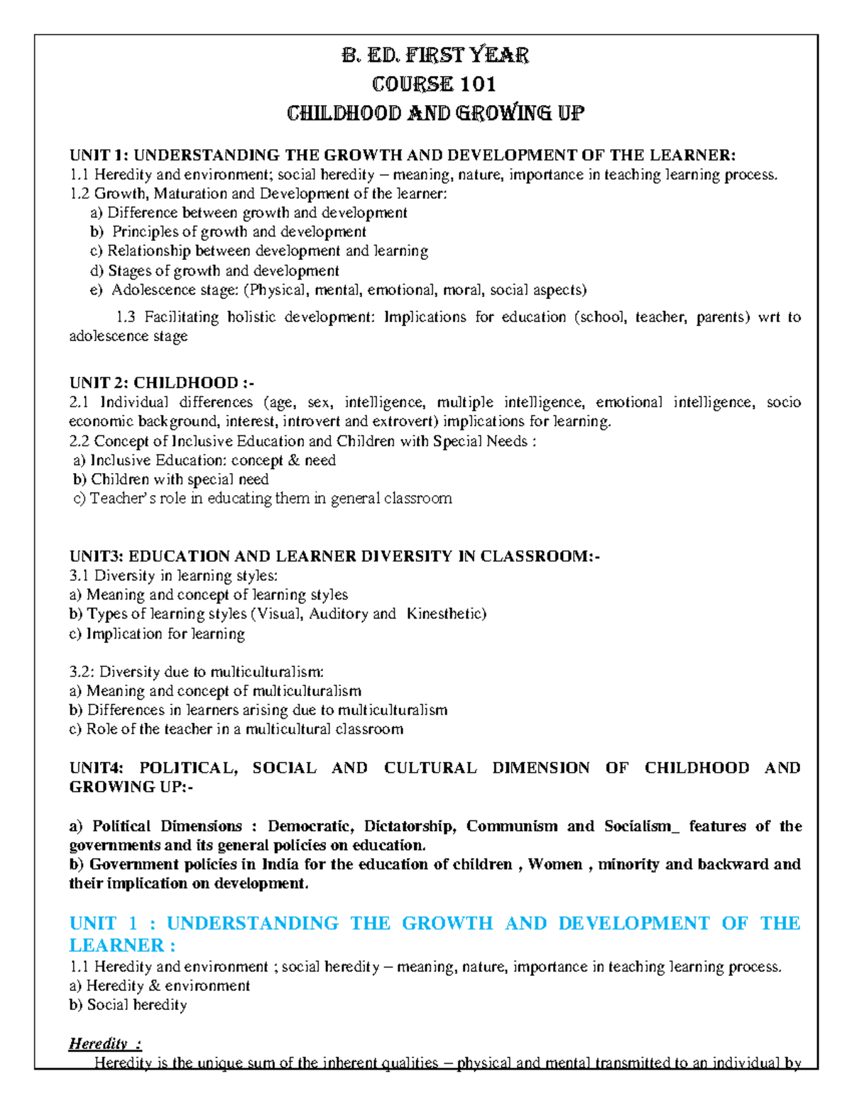 Course 101 Notes (Childhood and growing up) - B. Ed. FIRST YEAR COURSE ...
