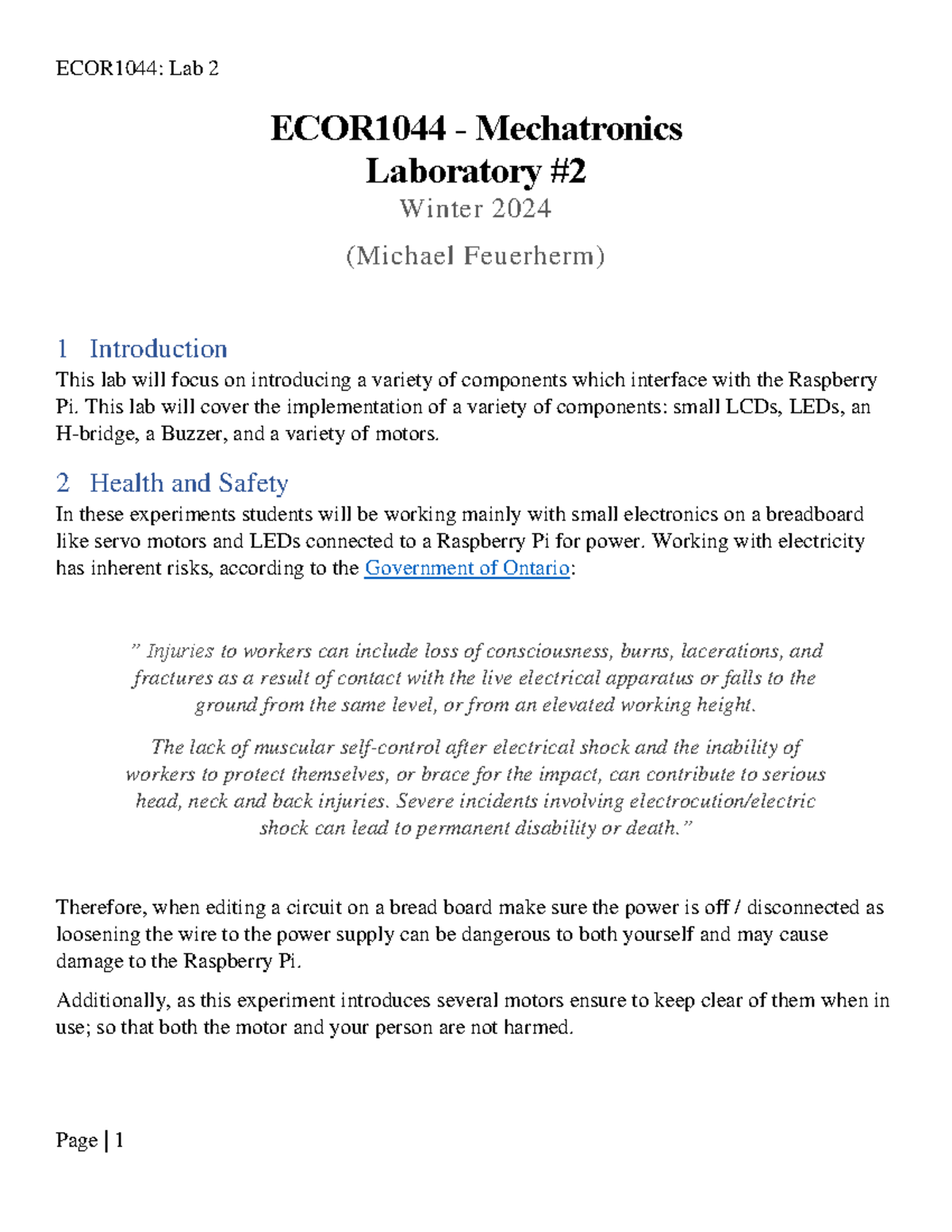 Lab2 W24 V1 - ECOR1044 - Mechatronics Laboratory # 2 Winter 2024 (Michael Feuerherm) 1 ...
