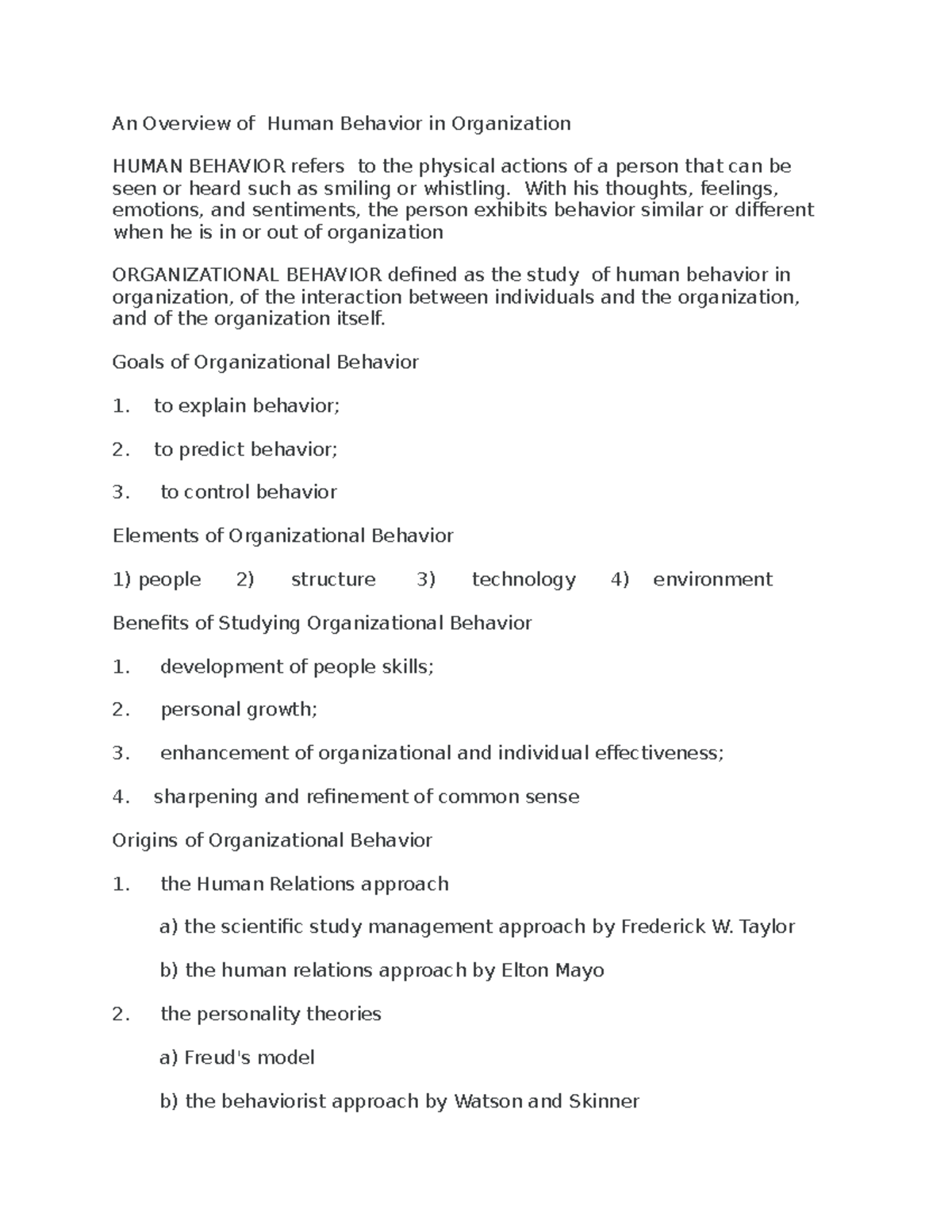 Notes - goodluck - An Overview of Human Behavior in Organization HUMAN ...