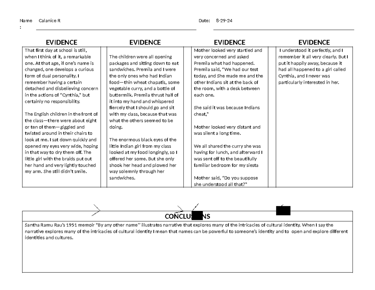 Drawing Conclusions 103 - Name : Calanice R Date: 8-29- EVIDENCE ...