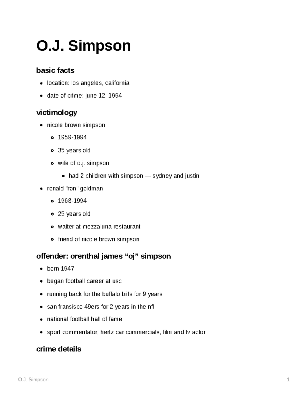 OJ Simpson Case Notes - O. Simpson basic facts location: los angeles ...