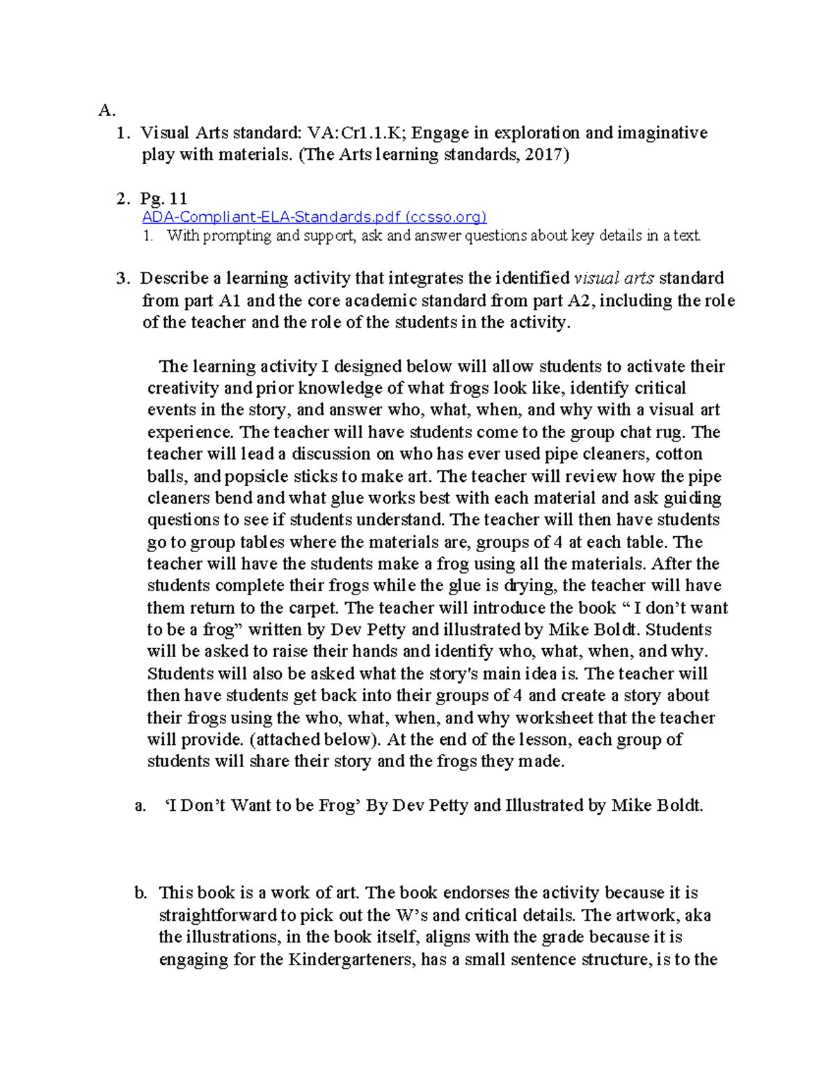 Integrated ARTS Task - Task Passing - A. 1. Visual Arts standard: VA ...