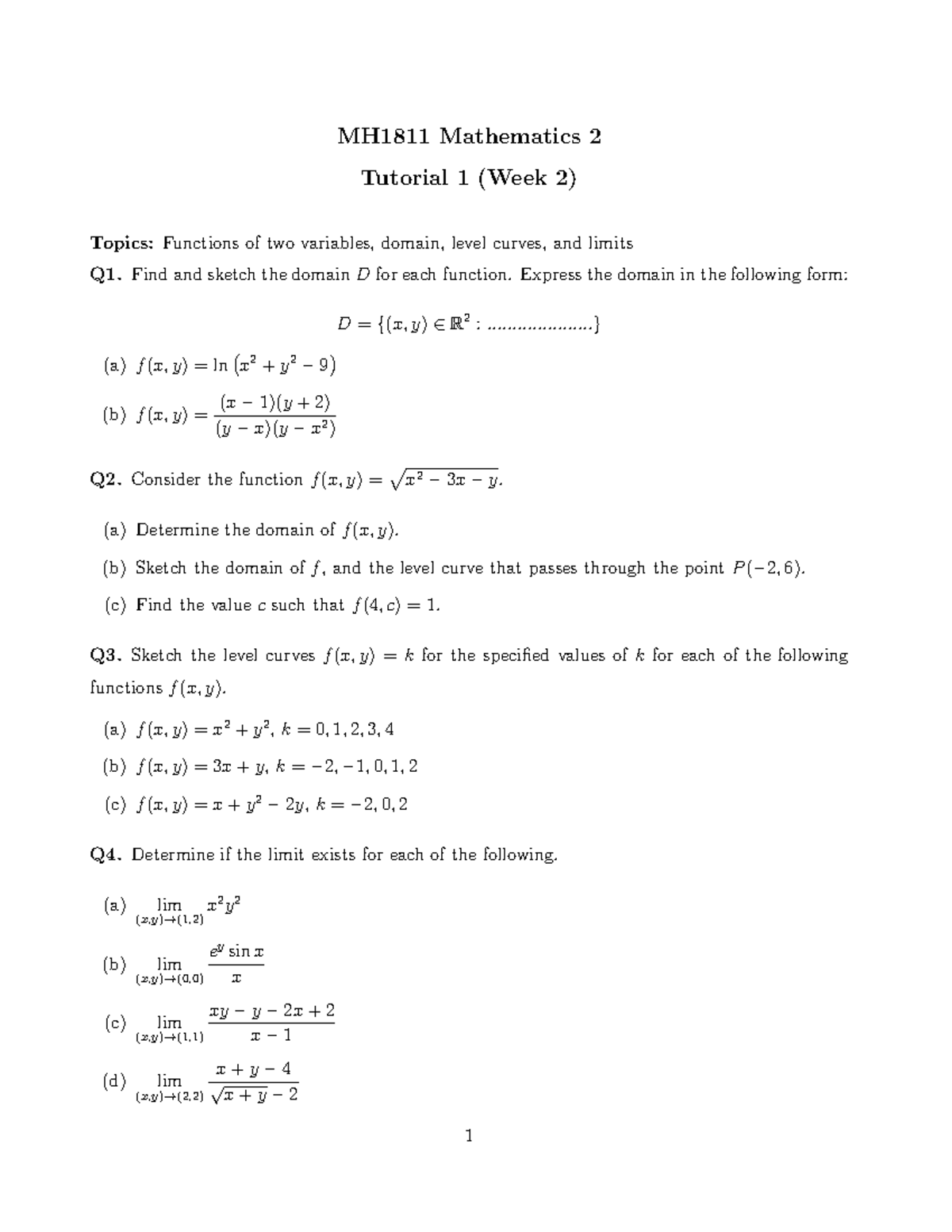 Tutorial 01 - MH1811 Mathematics 2 Tutorial 1 (Week 2) Topics: Functions of two variables ...