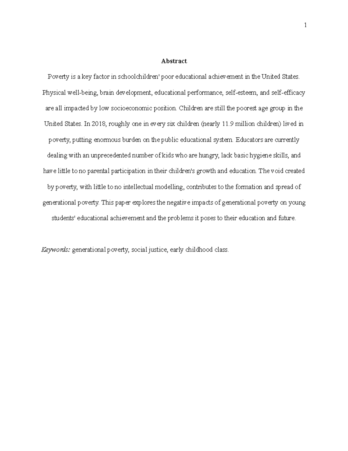 Generational poverty - assignment - Abstract Poverty is a key factor in ...