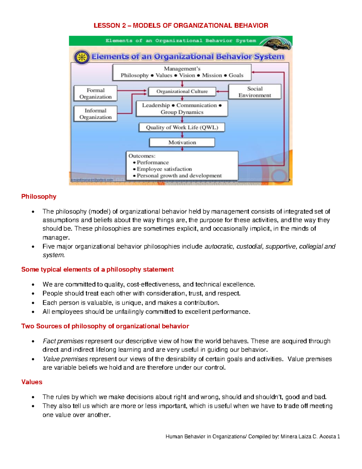 Lesson-2-HBO - .......... - LESSON 2 – MODELS OF ORGANIZATIONAL ...