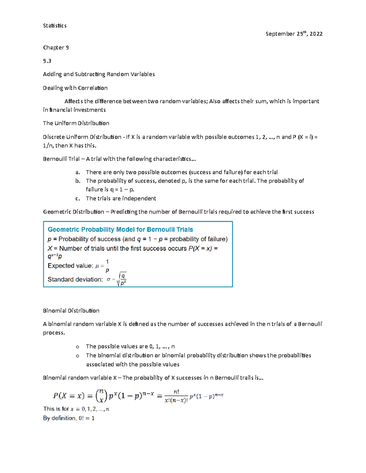 Chapter 9 Sept 29th 2022 - Statistics September 29th, 2022 Chapter 9 9 ...
