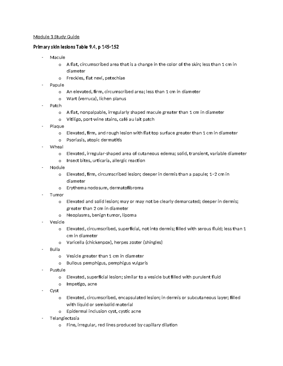 MSN 610 Module 3 Study Guide - Module 3 Study Guide Primary skin ...