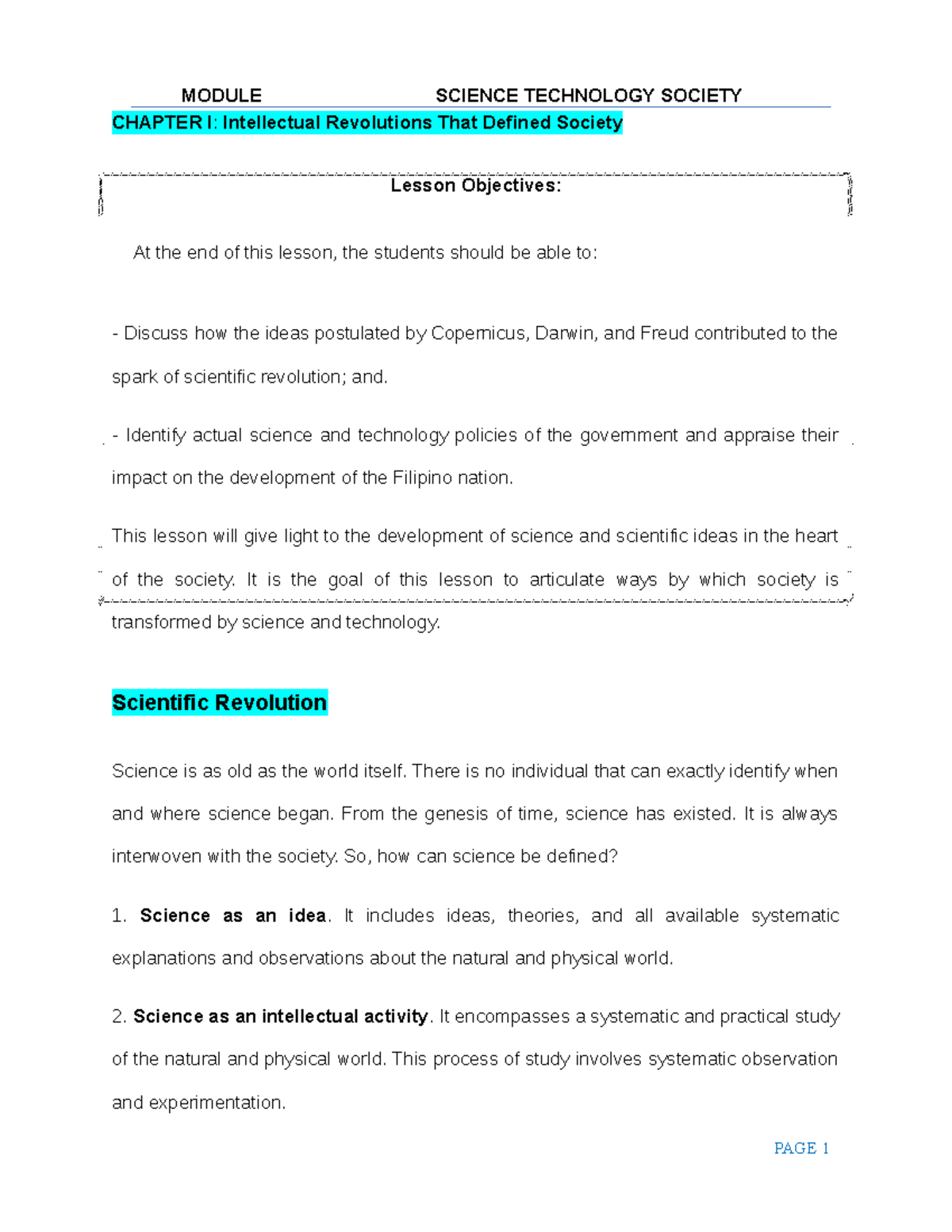 Chapter I General Concepts and Historical Events in STS - MODULE ...