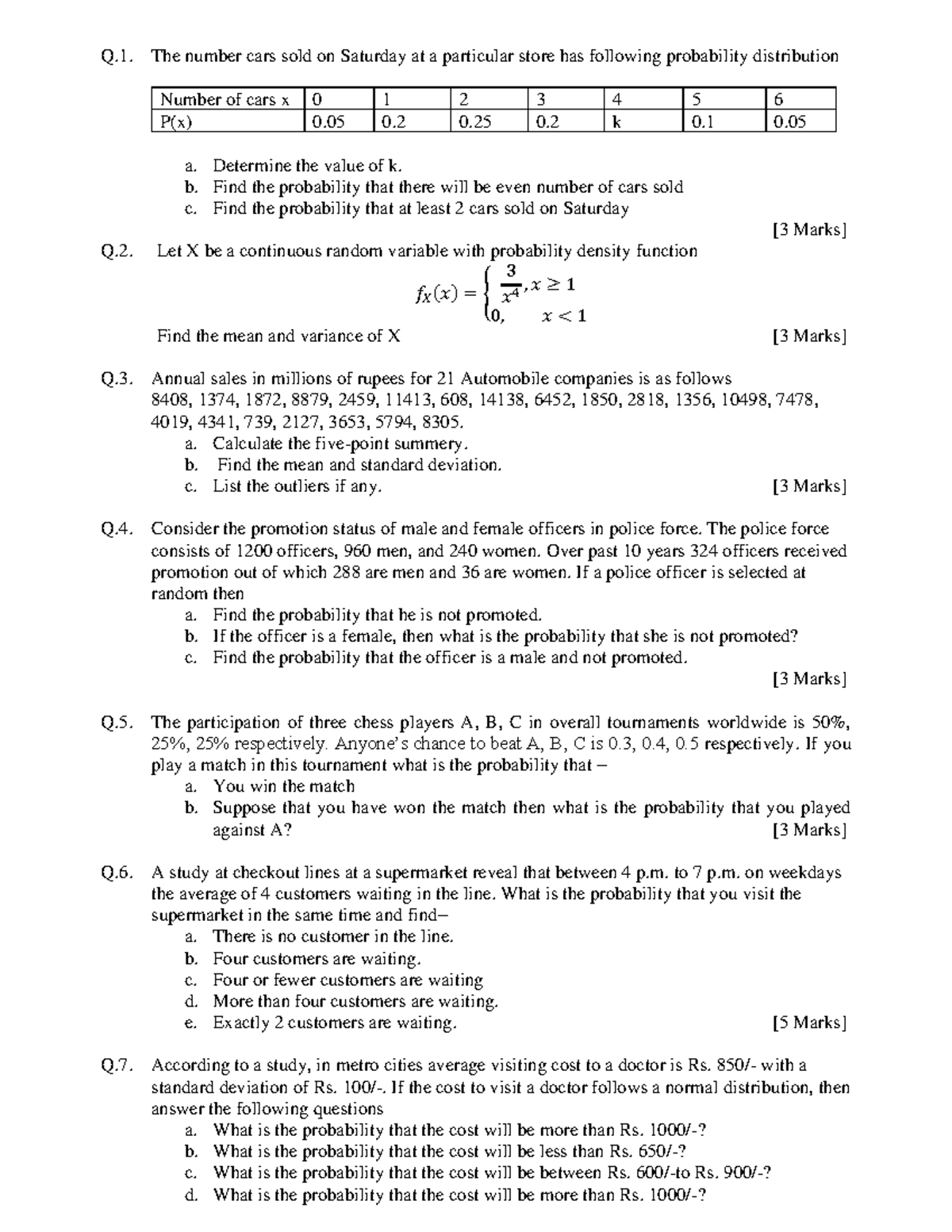 Qb - ISM Practice Questions - Q. The number cars sold on Saturday at a ...