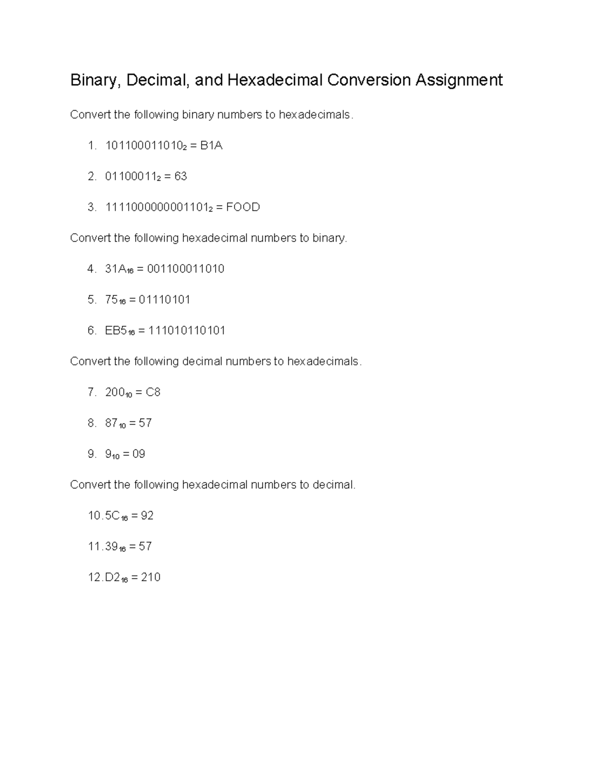 Copy of Eaton Binary, Decimal, and Hexadecimal Conversion Assignment - Binary, Decimal, and ...