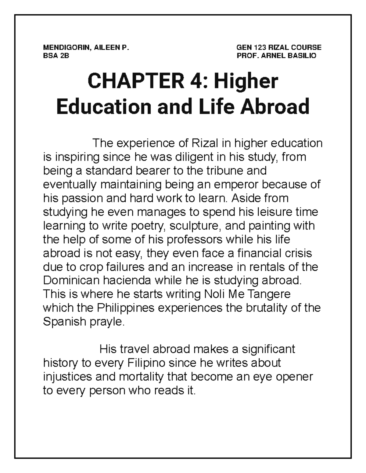 Chapter 4 rizal - MENDIGORIN, AILEEN P. GEN 123 RIZAL COURSE BSA 2B ...
