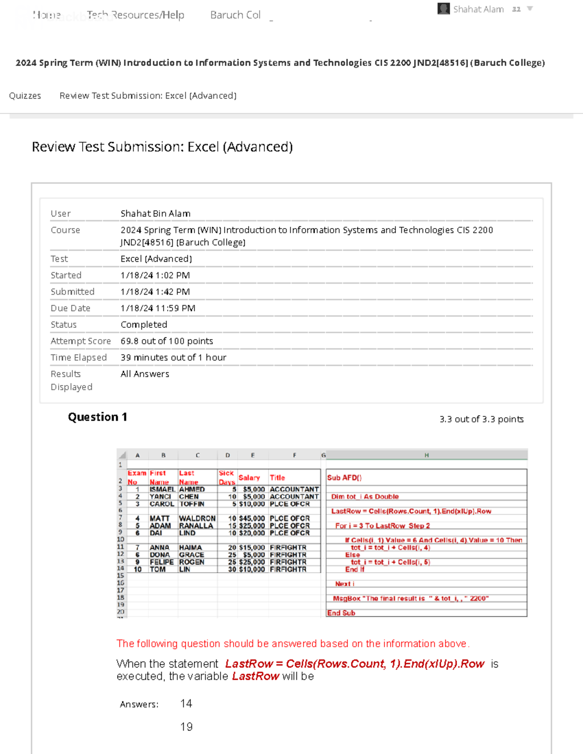 Excel Technical Quiz - Review Test Submission: Excel (Advanced) 2024 ...