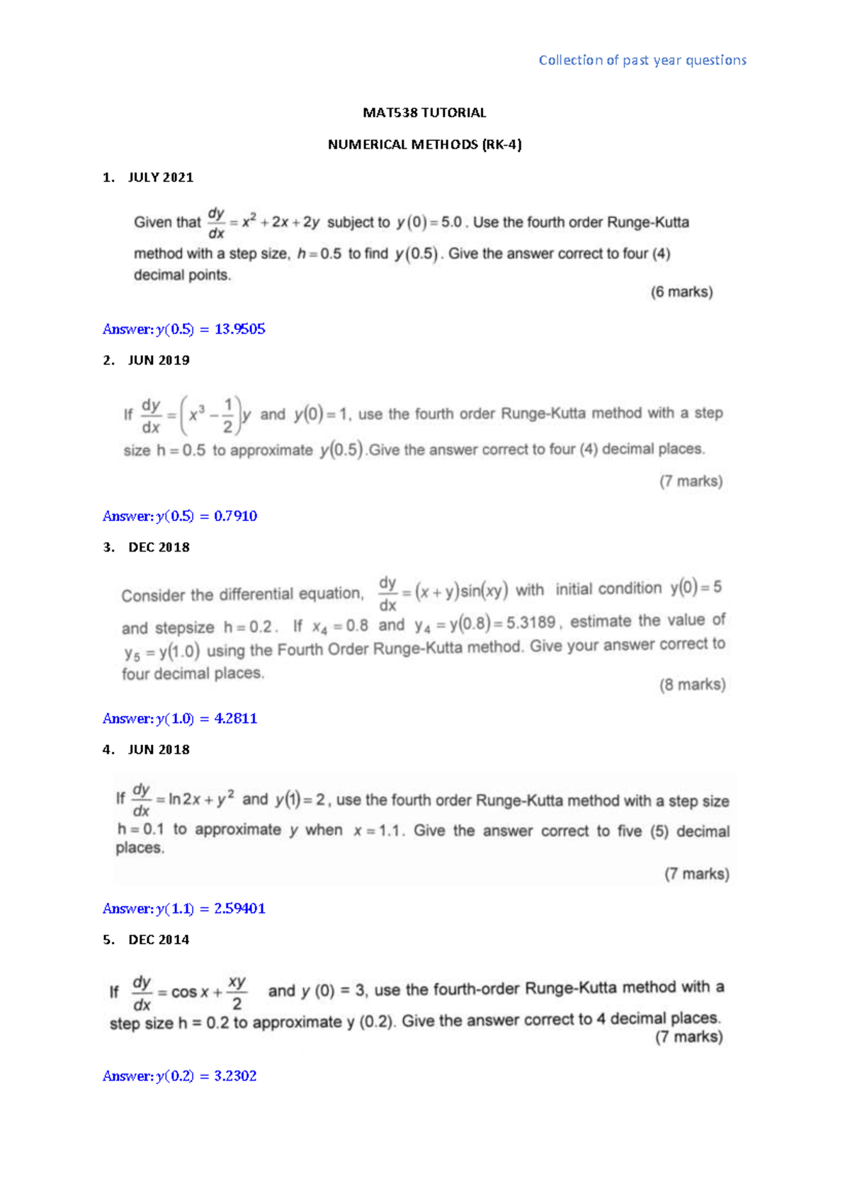 MAT538 Tutorial 6 (Chapter 6-RK4) - Applied Mathematics - Collection of past year questions ...