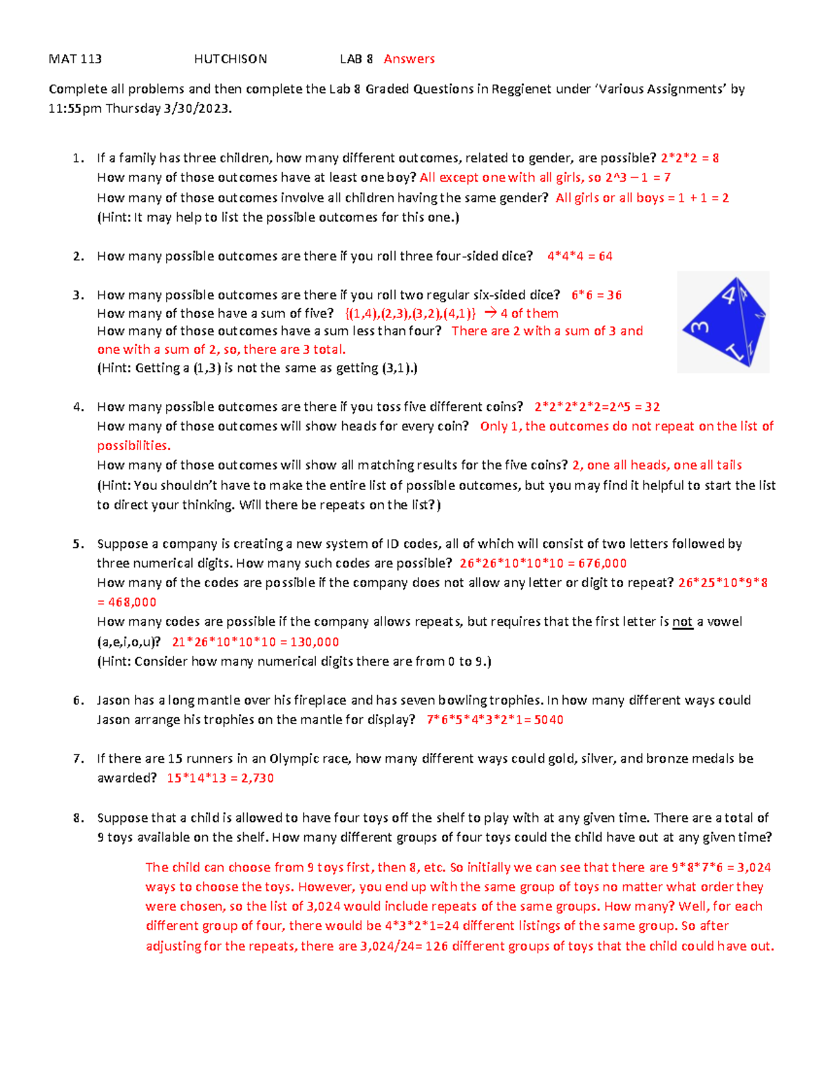 Lab 8 Answers - mat 113 - MAT 113 HUTCHISON LAB 8 Answers Complete all problems and then ...