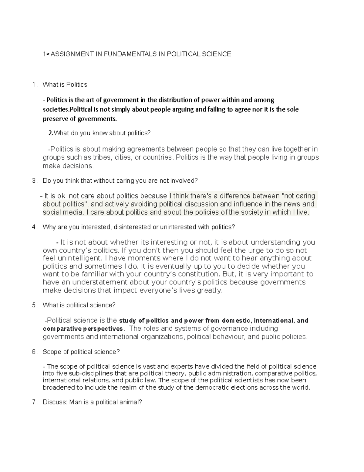 Fundamentals IN Political Science patric ia mae - 1 ST ASSIGNMENT IN ...