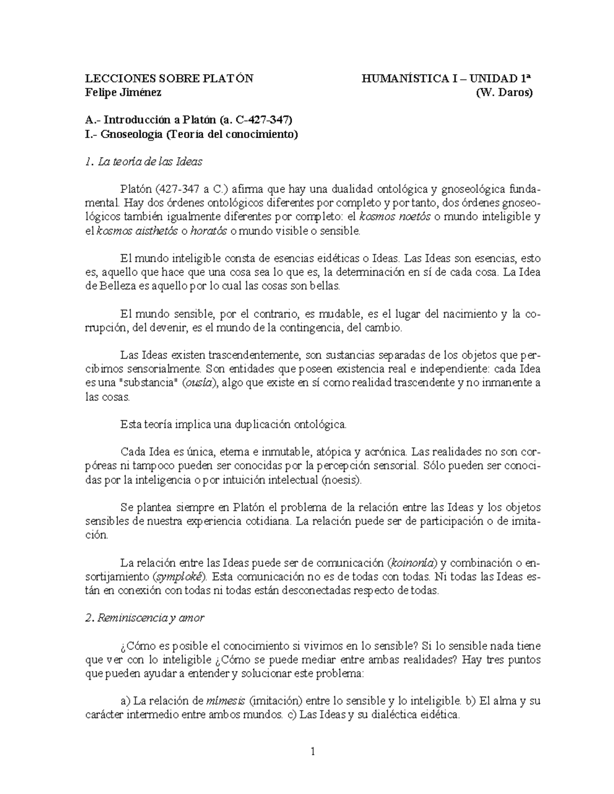 texto de platon - LECCIONES SOBRE PLATÓN HUMANÍSTICA I – UNIDAD 1ª ...