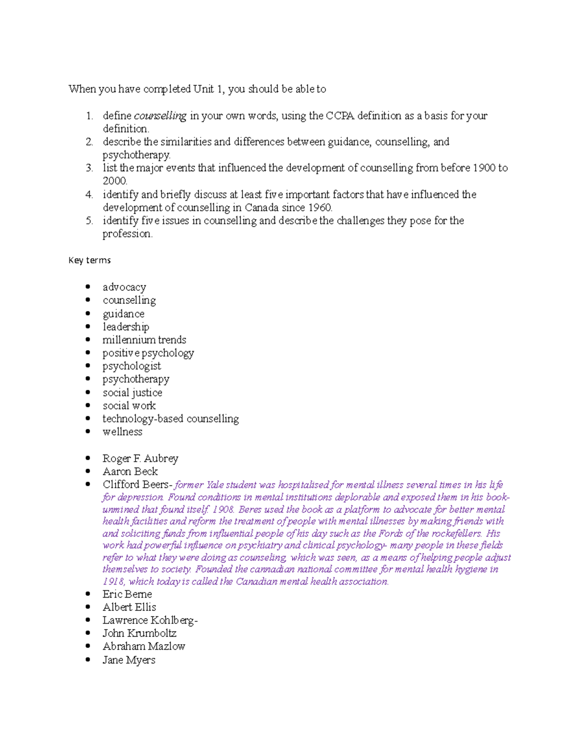 COunseling Unit 1- History and trends - When you have completed Unit 1 ...