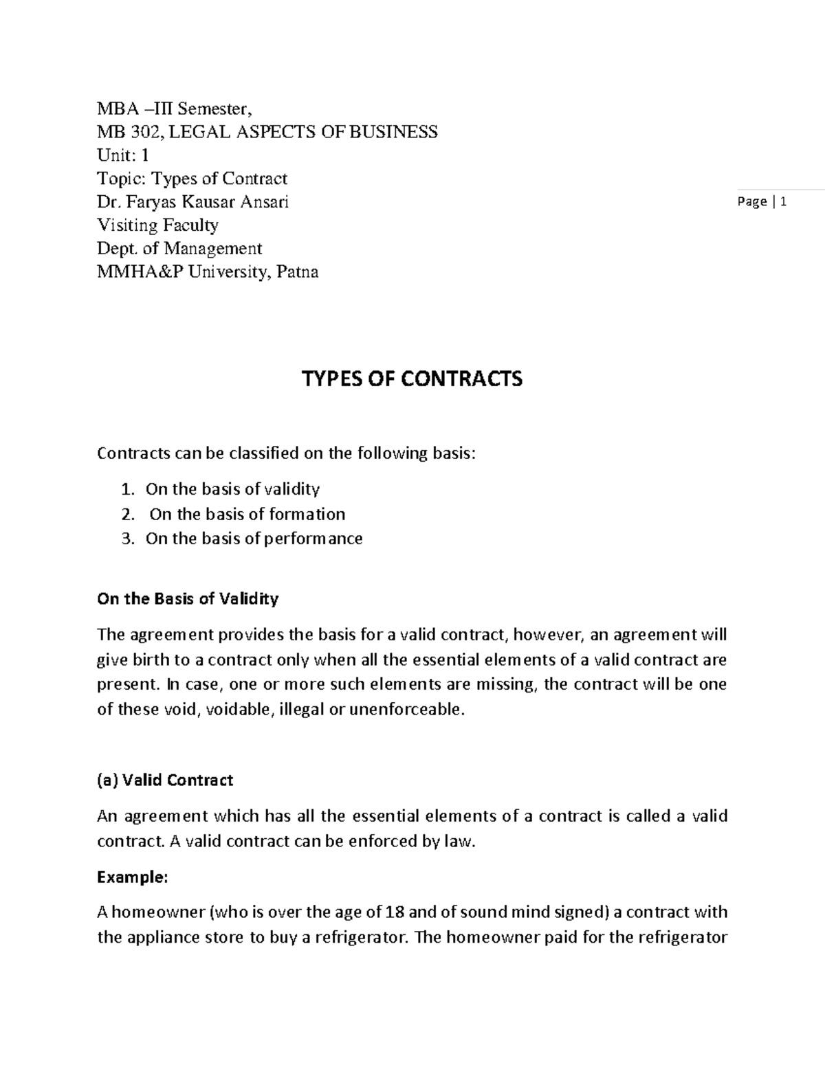 Types OF Contracts . Part I - Page | 1 MBA – III Semester, MB 302 ...