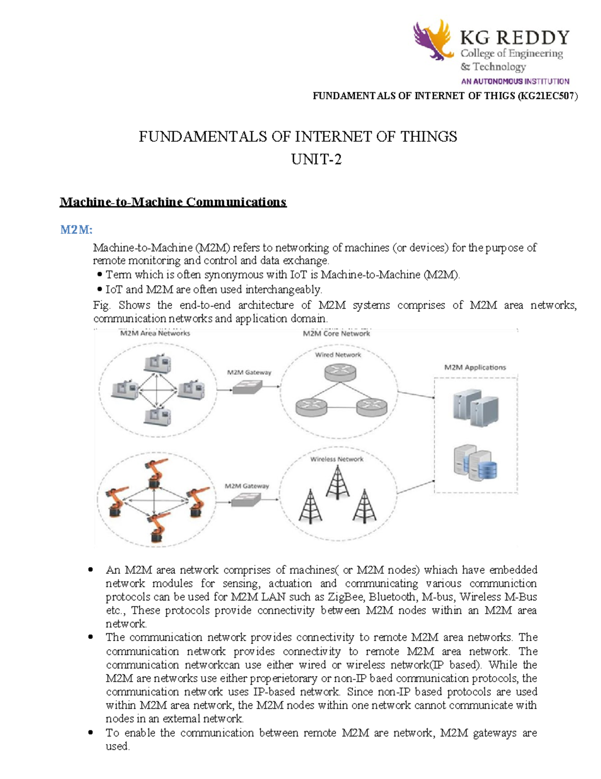 FIOT U-2 - FUNDAMENTALS OF INTERNET OF THIGS (KG21EC507) FUNDAMENTALS OF INTERNET OF THINGS UNIT ...