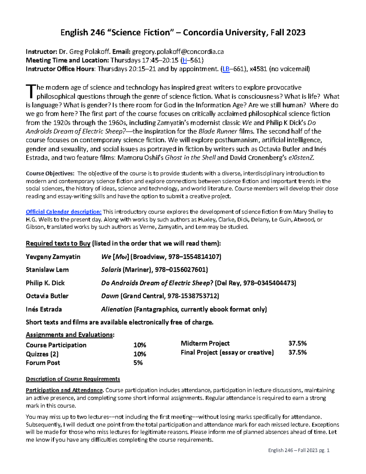 English 246 2023 V7 - Course Outline - English 246 “Science Fiction ...