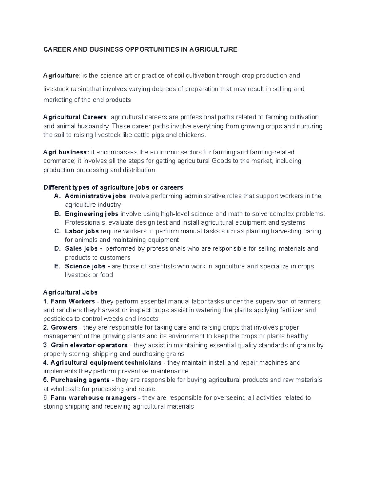 Reviewer TLE - AGRICULTURE TOOLS - CAREER AND BUSINESS OPPORTUNITIES IN ...