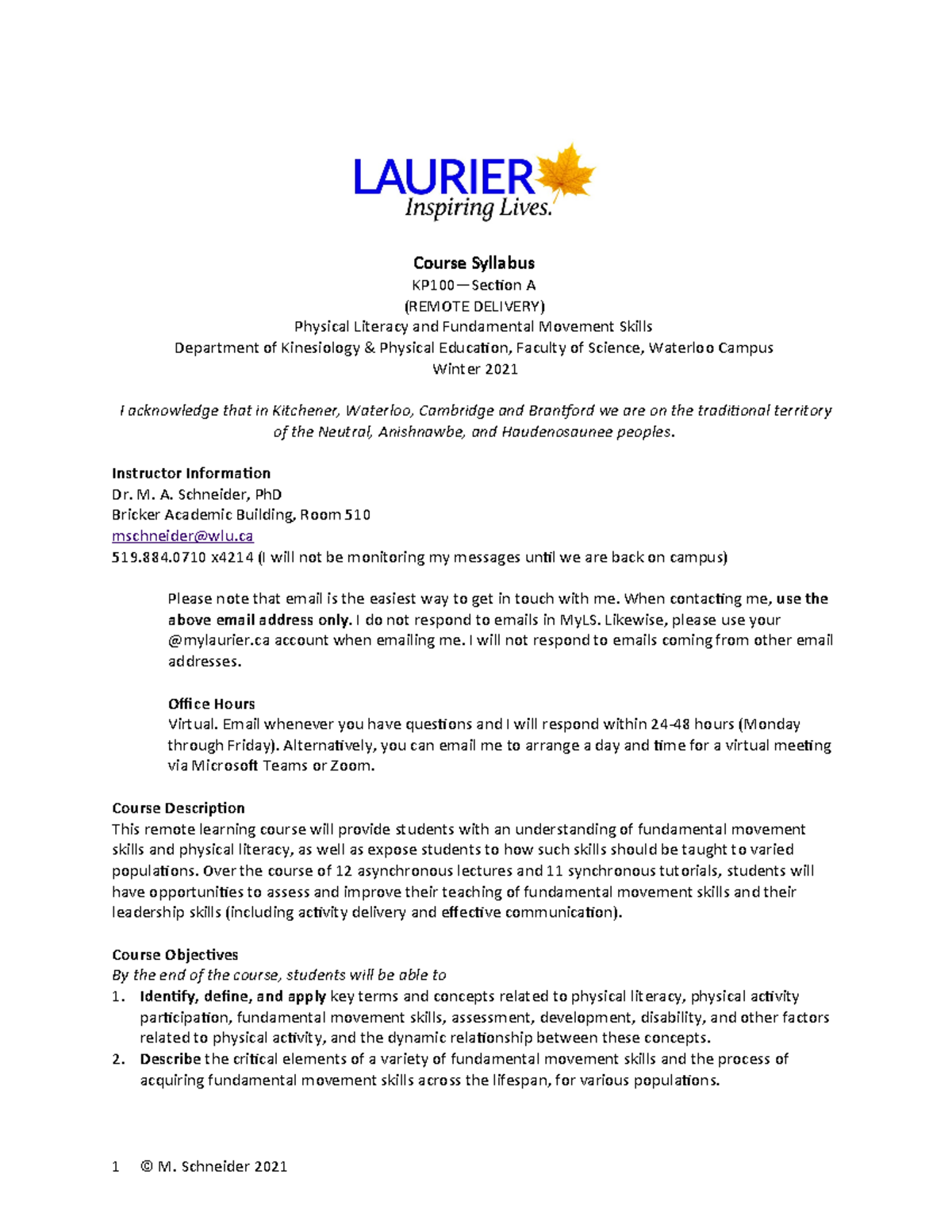 Schedule for class - Course Syllabus KP100—Section A (REMOTE DELIVERY ...