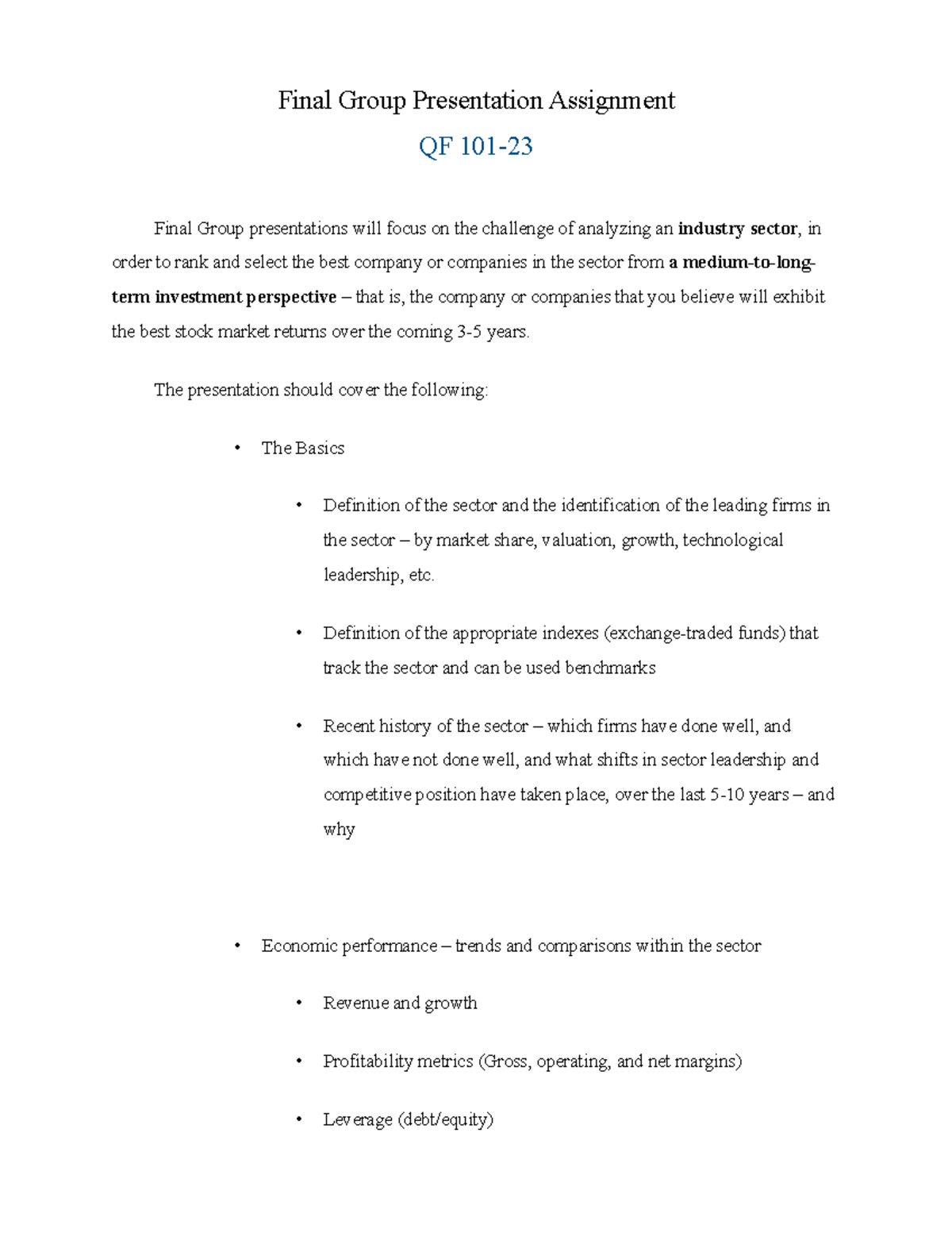 101-23 Final Presentation specification - Final Group Presentation Assignment QF 101- Final ...