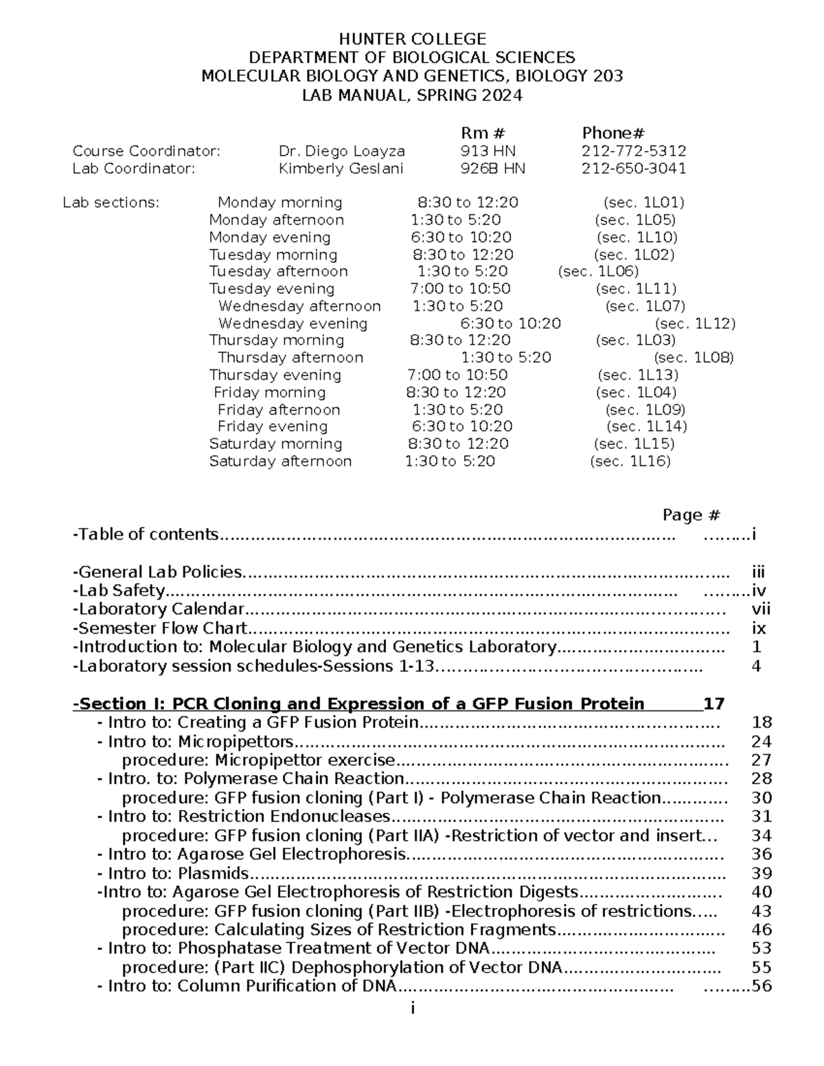 A-Lab Policies - Spring 2024 - HUNTER COLLEGE DEPARTMENT OF BIOLOGICAL ...