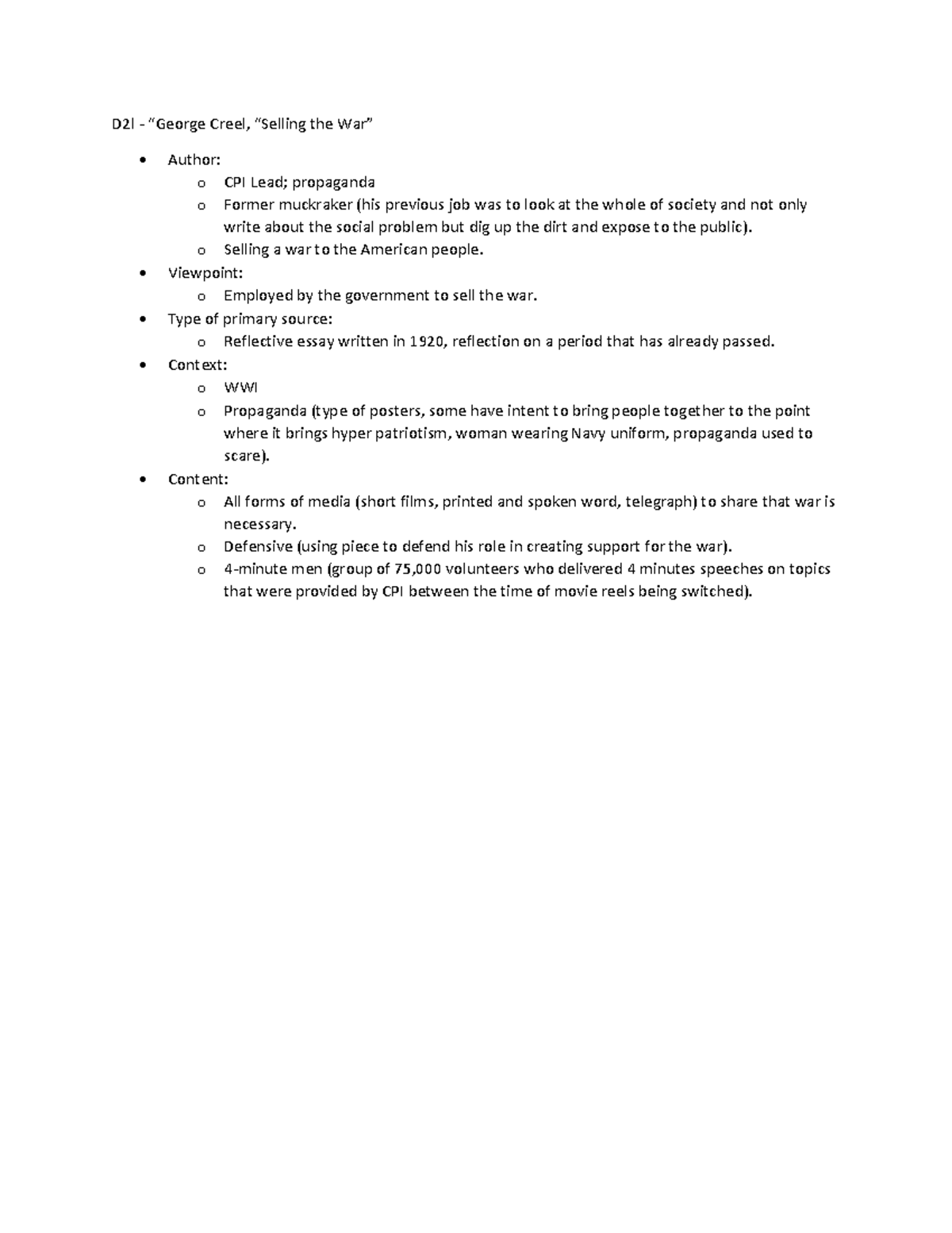 George Creel, Selling the War - D2l - “George Creel, “Selling the War ...