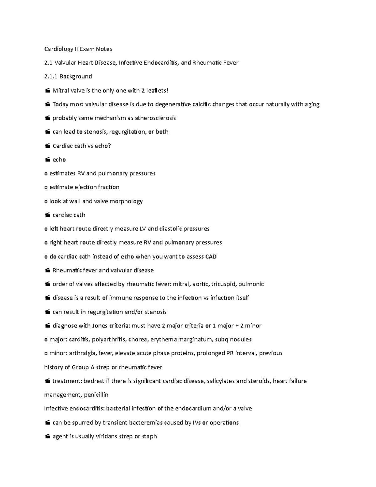 Cardio system notes 2 - Cardiology II Exam Notes 2 Valvular Heart ...