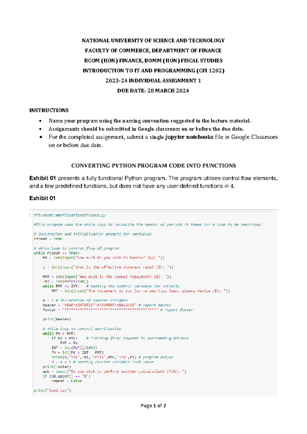 Intro to IT and Programming - Individual Assignment 1 - 2023-24 - Page 1 of 2 NATIONAL ...