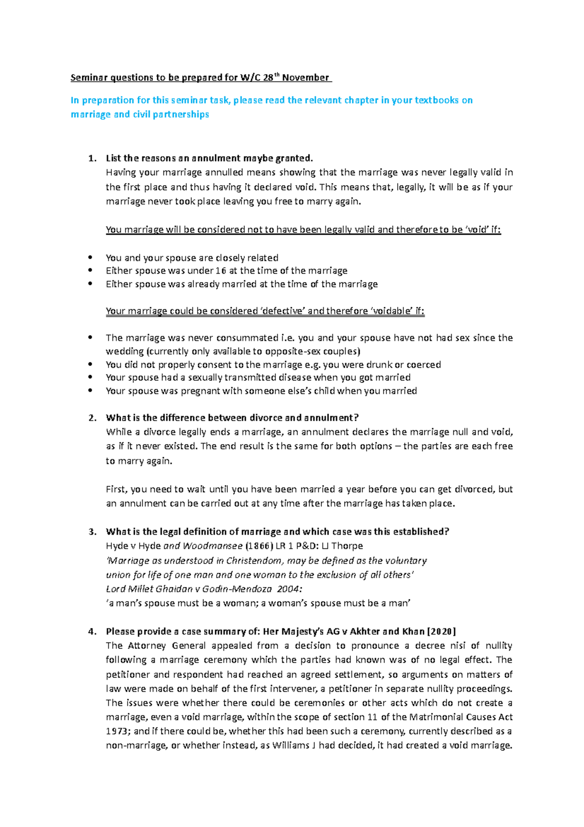 Marriage Seminar Notes - Seminar questions to be prepared for W/C 28th ...