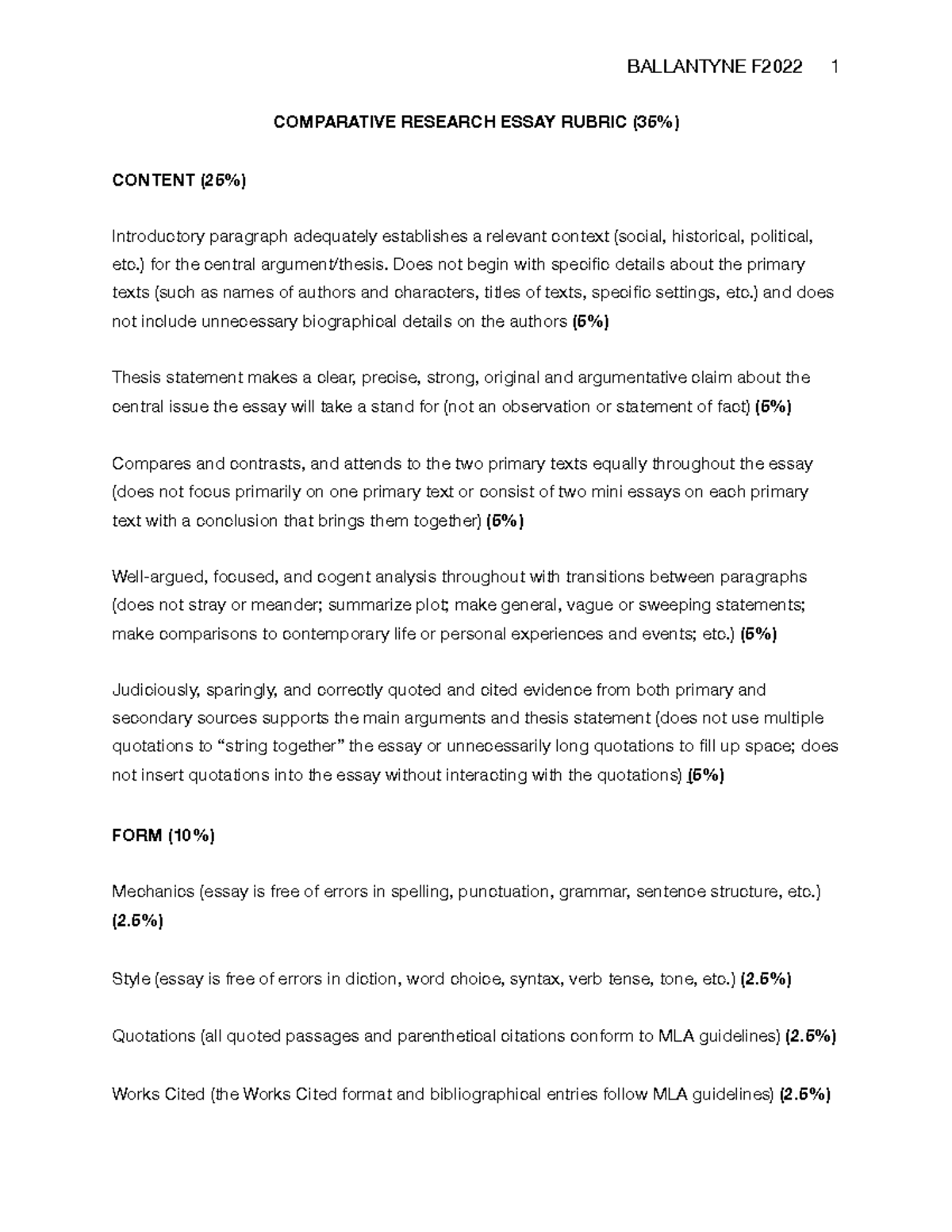 Research Essay Rubric - BALLANTYNE F2022 1 COMPARATIVE RESEARCH ESSAY ...