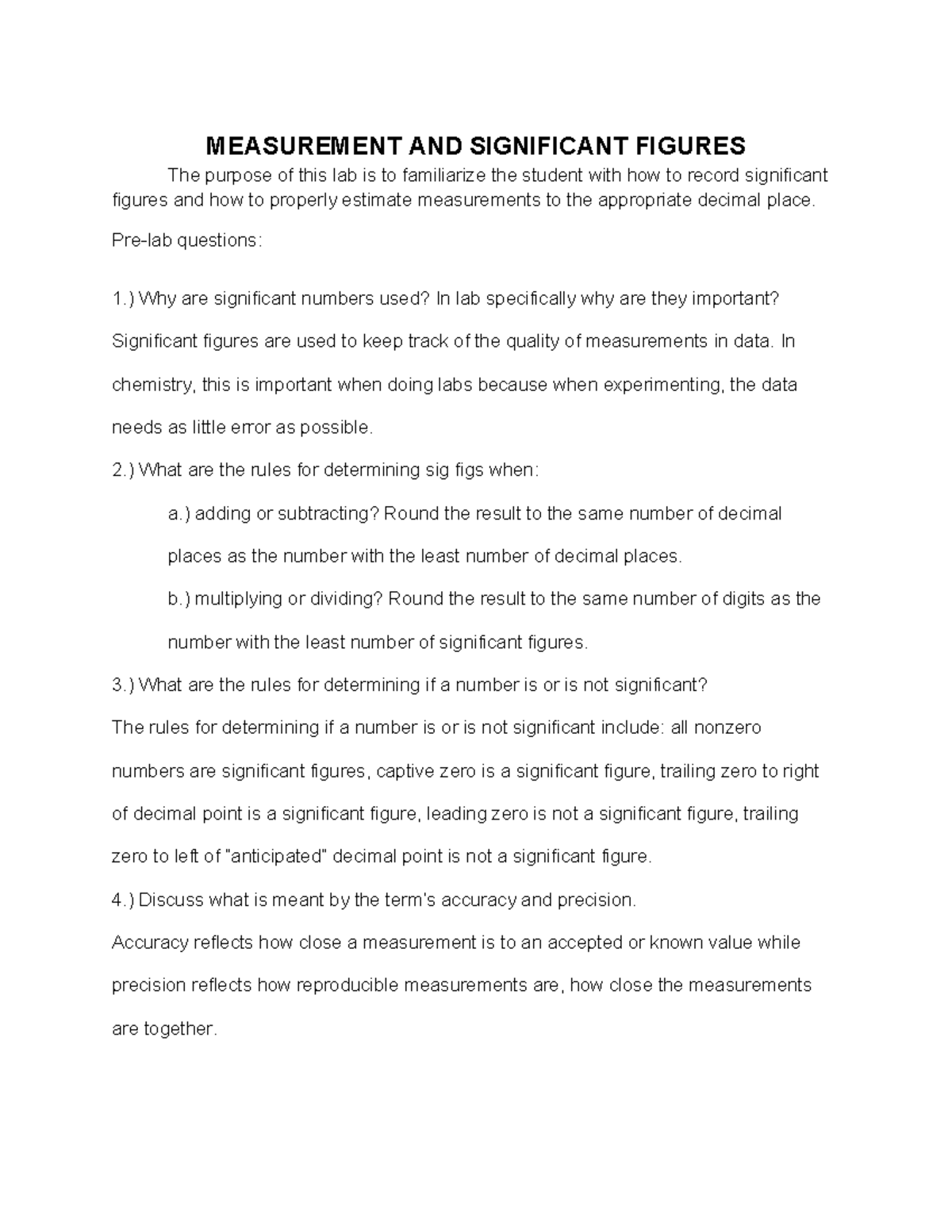 Measurement and Significant Figures Lab Lauren Church - MEASUREMENT AND ...