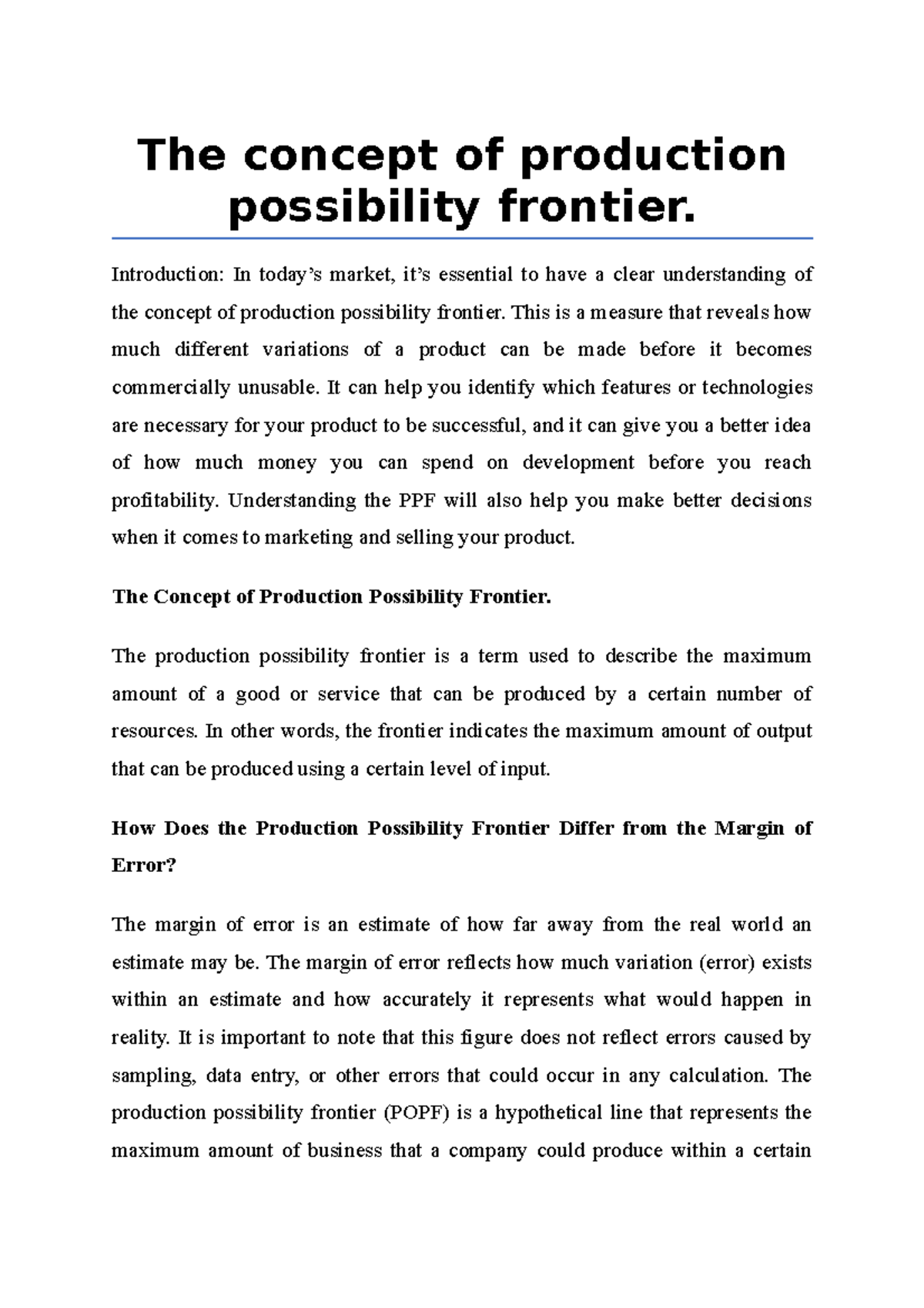 The concept of production possibility frontier - Introduction: In today ...