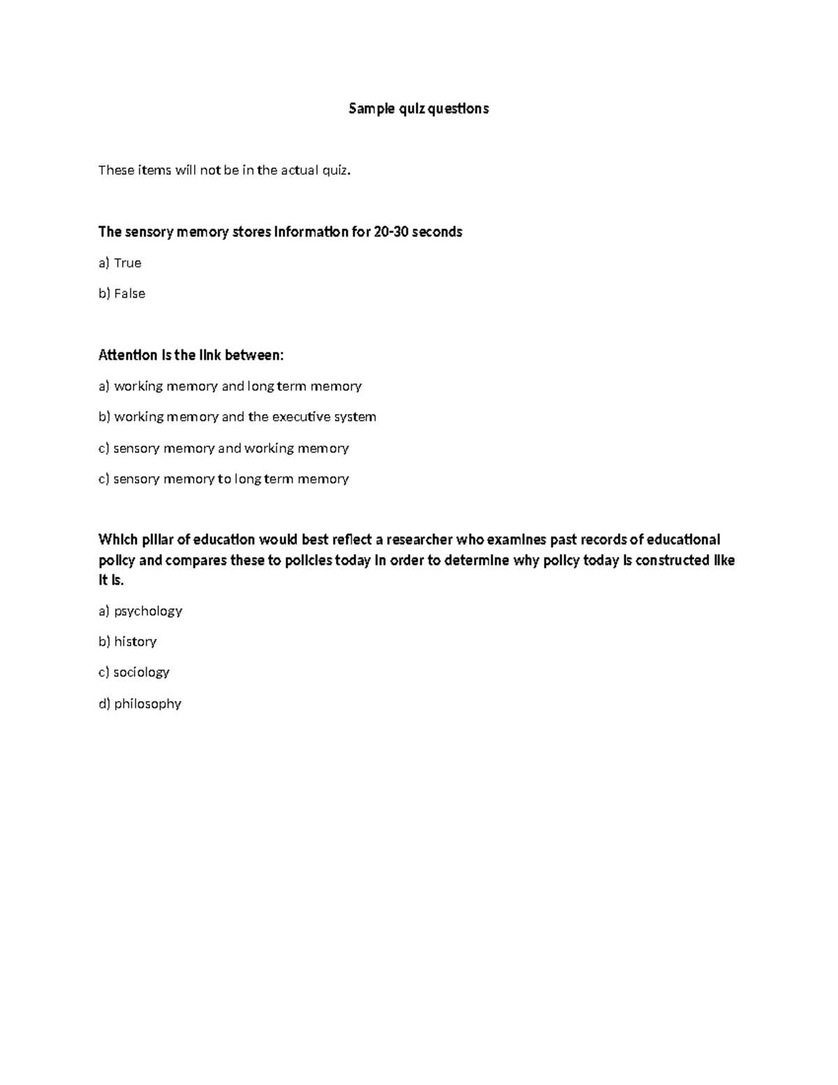 Sample quiz questions - Sample quiz questions These items will not be ...