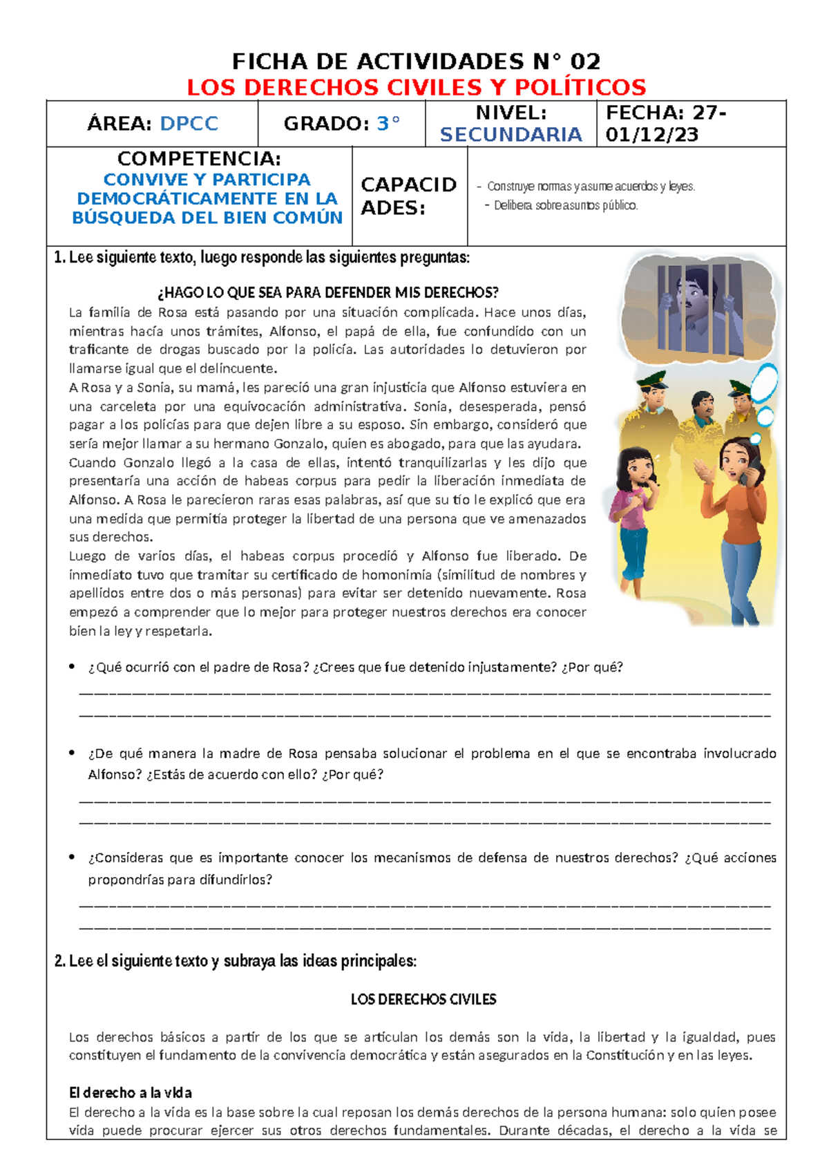 Unidad 8 - Ficha - SEM 2 - DPCC 3° - FICHA DE ACTIVIDADES N° 02 LOS DERECHOS CIVILES Y POLÍTICOS ...