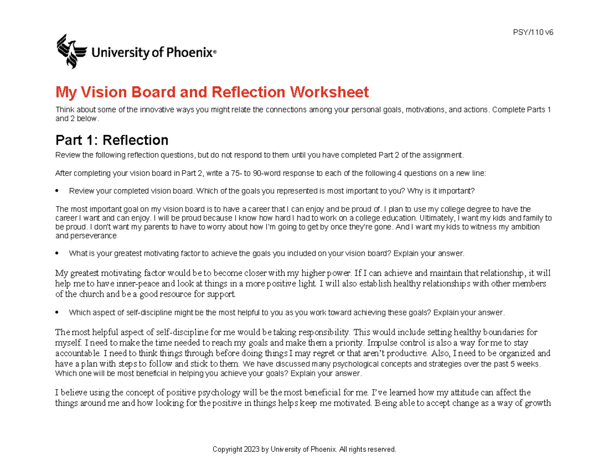 Psy110 v6 wk5 my vision board and reflection worksheet - PSY/110 v My ...
