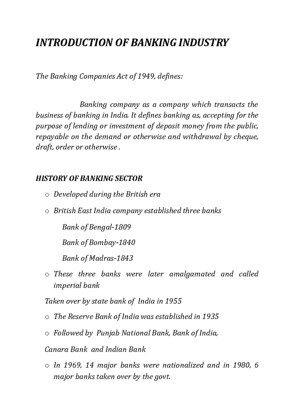 Introduction OF Banking Industry - INTRODUCTION OF BANKING INDUSTRY The ...