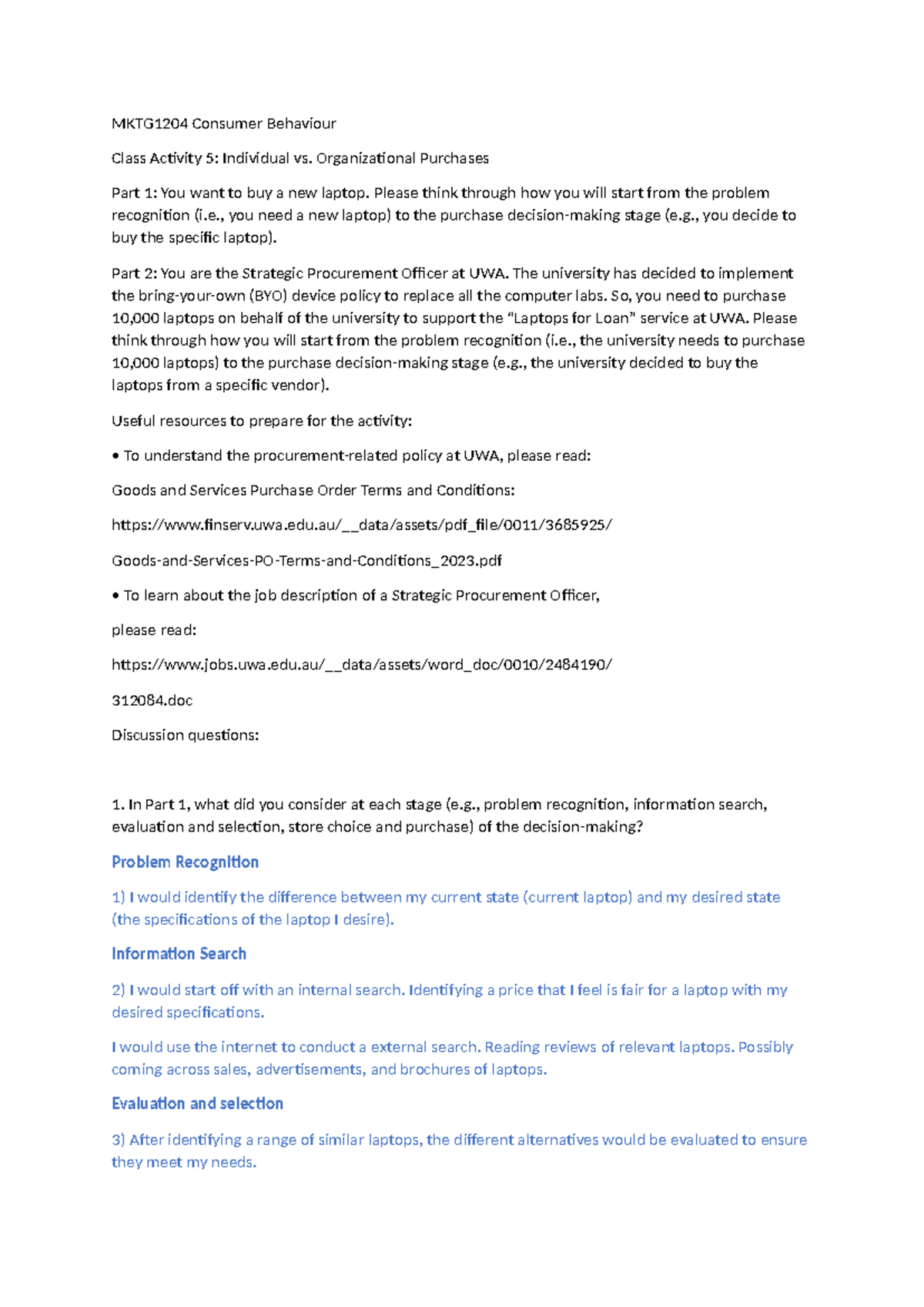 Consumer Behaviour W6 Tutorial 5 - MKTG1204 Consumer Behaviour Class ...