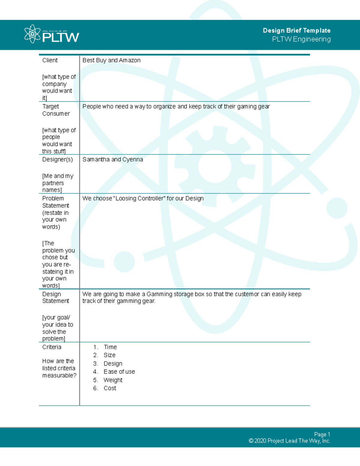 Design Brief controller answer key - Design Brief Template PLTW ...