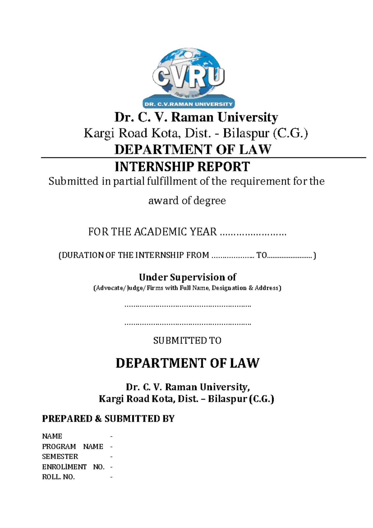 Internship Report - Dr. C. V. Raman University Kargi Road Kota, Dist ...